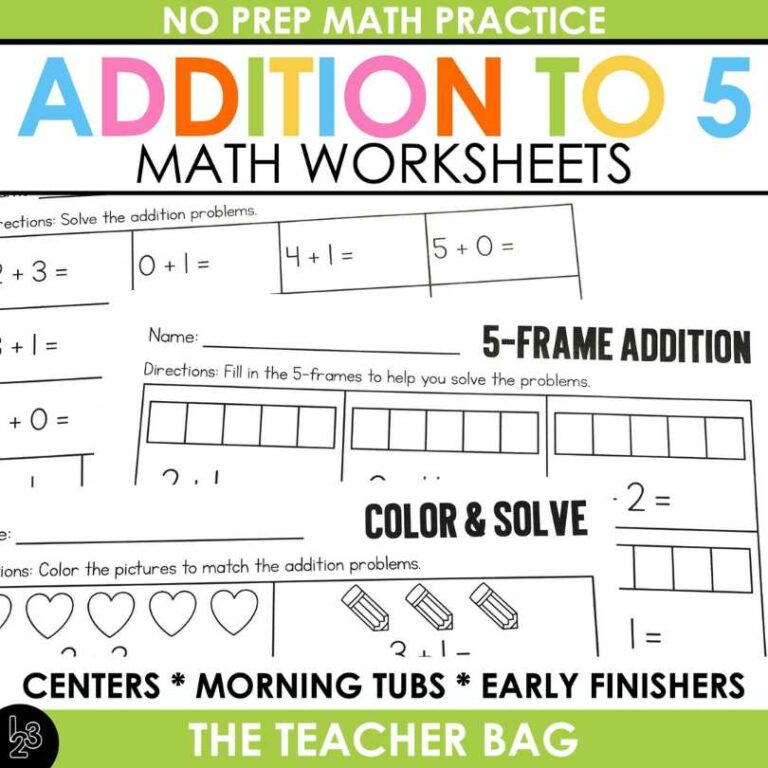 Addition to 5 Math Worksheets - The Teacher Bag